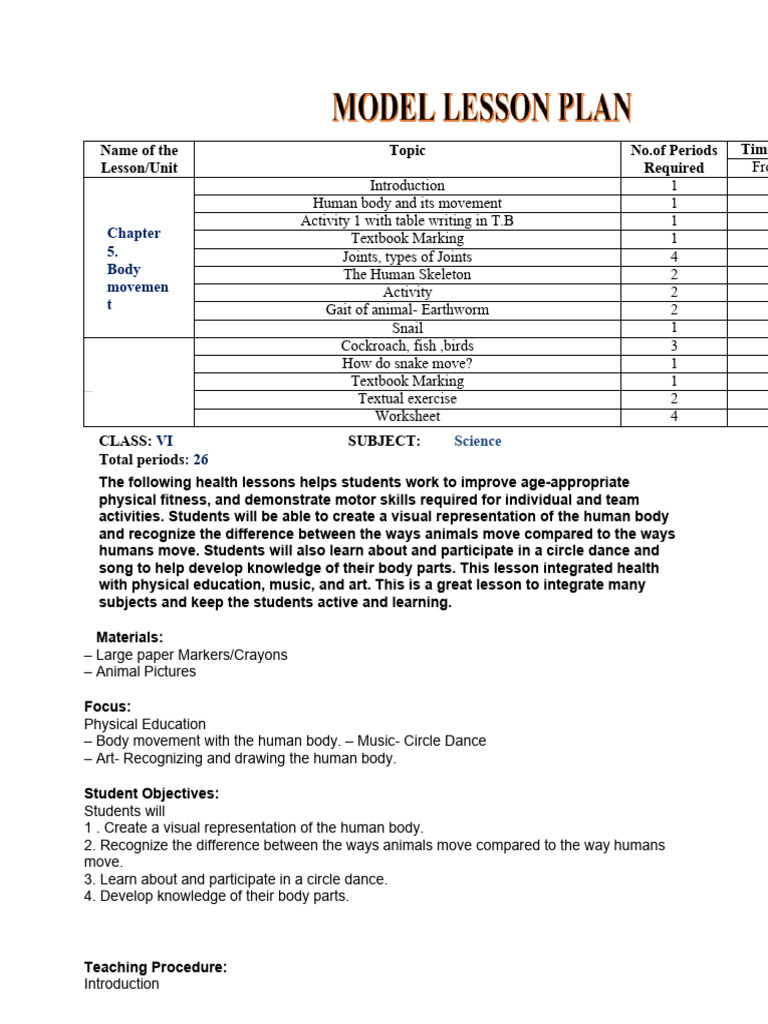 Lesson Plan CH 5 Body Movement | PDF