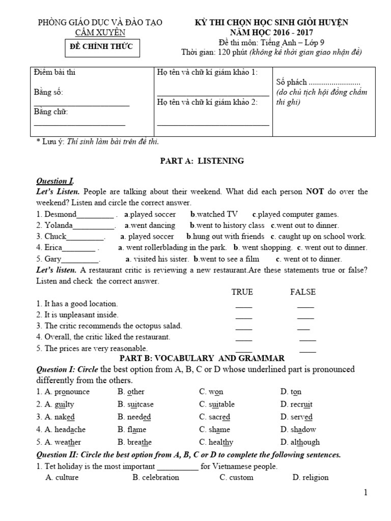 Anh 9 HSG 2016-2017. | PDF | Linguistics