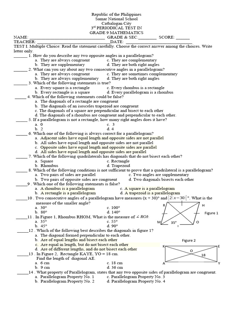 Grade 9 Mathematics 3rd Periodical Test | PDF