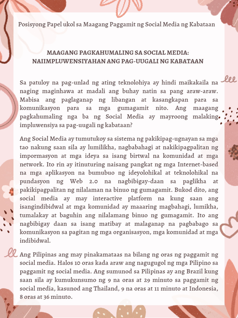 Maagang Pagkahumaling Sa Social Media: Naiimpluwensiyahan Ang Pag-Uugali NG Kabataan | PDF