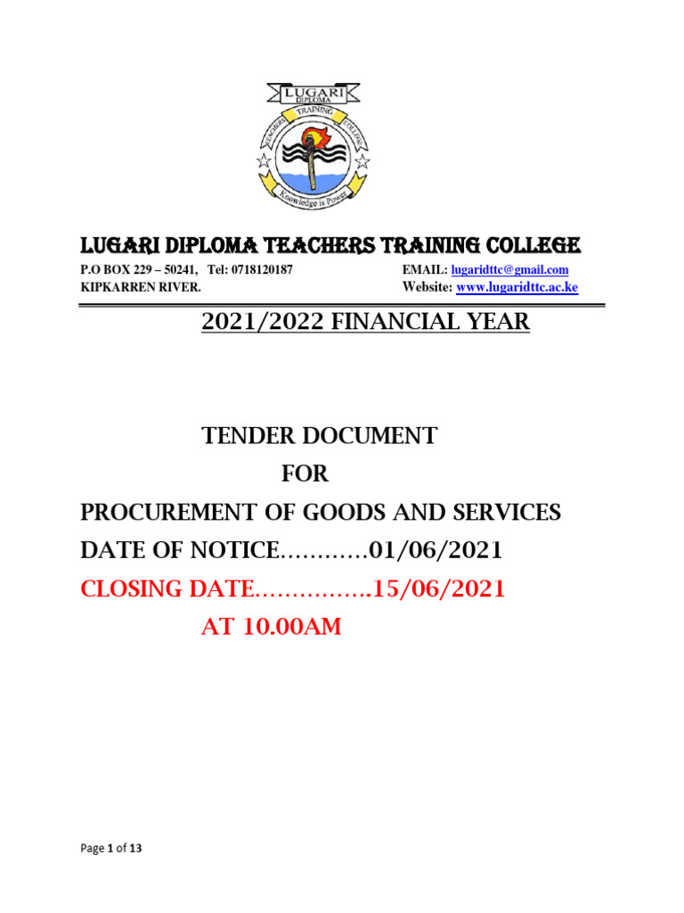 Lugari TTC 2021/22 Tender Notice | PDF | Procurement | Business