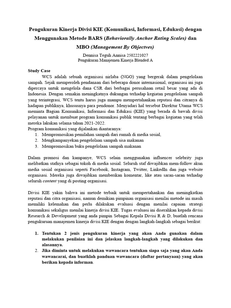 Pengukuran Kinerja Divisi KIE (Komunikasi, Informasi, Edukasi) Dengan Menggunakan Metode BARS ...