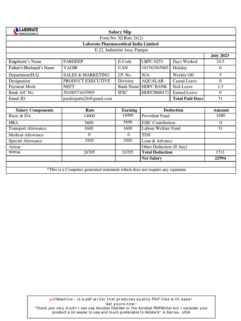 July 2023 Salary Slip for Pardeep | PDF | Salary | Business