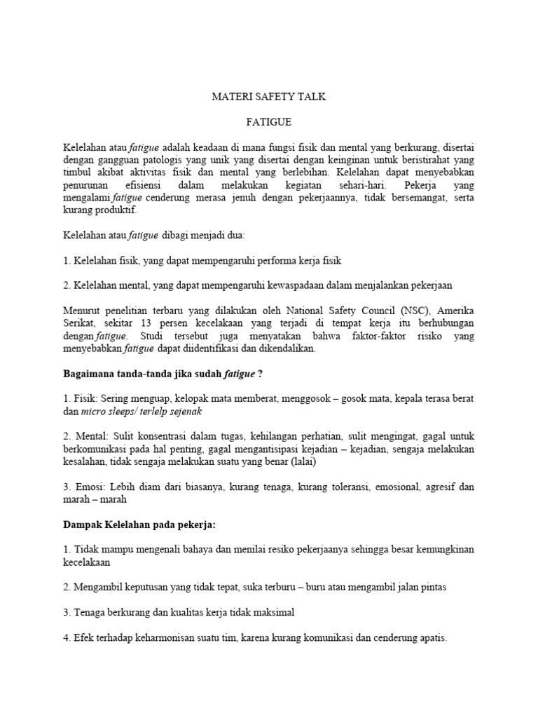 Materi Safety Talk Fatique | PDF Materi Safety Talk Fatique | PDF