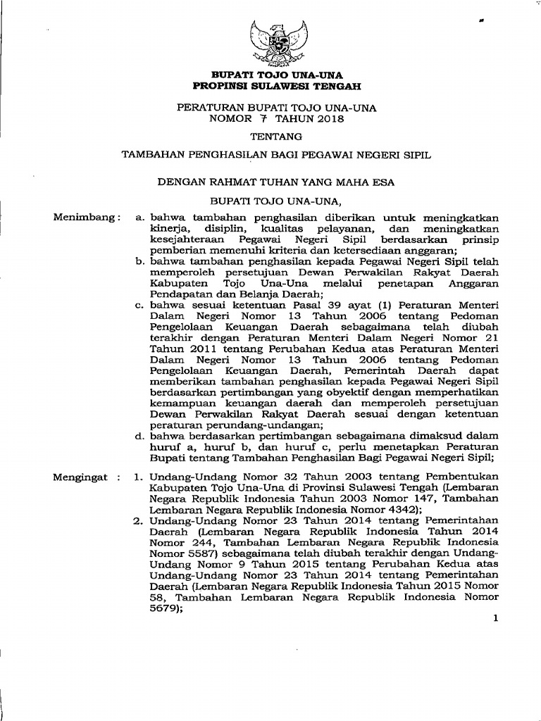 Perbup Nomor 7 Tahun 2018 TTG Tambahan Penghasilan Bagi Pegawai Negeri ...