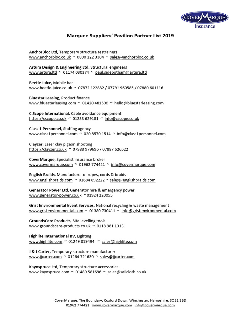Marquee Suppliers Pavilion Partner List 2019 | PDF | Economies