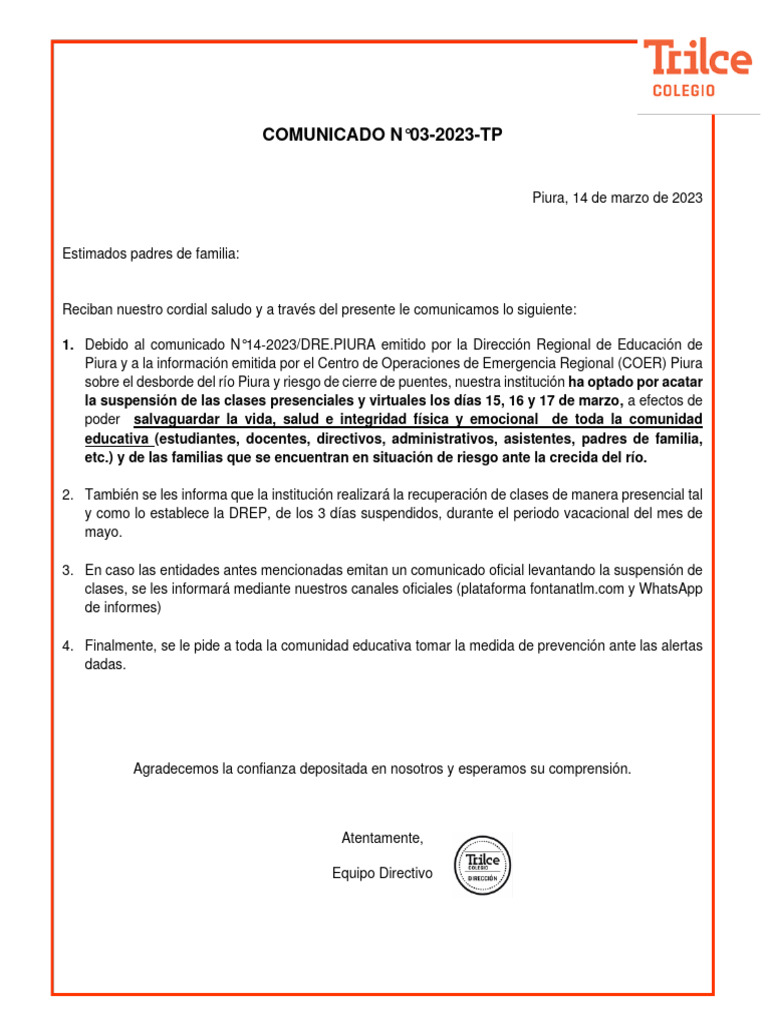 COMUNICADO N°03- SUSPENSION DE CLASES | PDF