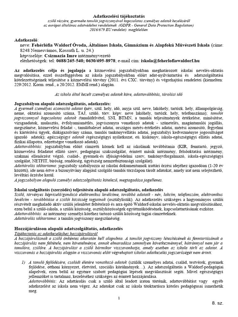 8 GDPR Segédletek4 Adatkezelési Tájékoztatás Szülő ISKOLA-1 Cserép ...