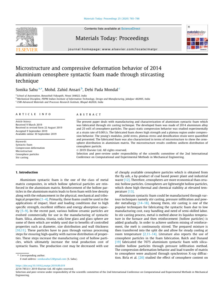 Materials Today: Proceedings: Sonika Sahu, Mohd. Zahid Ansari, Dehi Pada Mondal | PDF