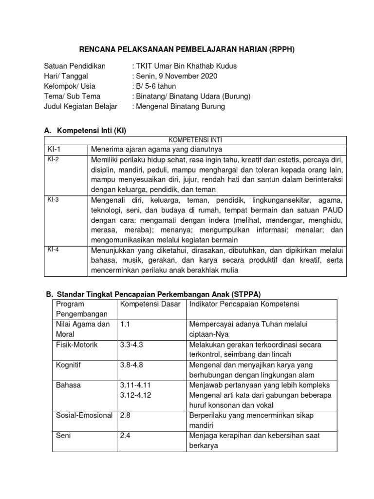 RPPH Paud Tema Binatang Sub Tema Burung | PDF