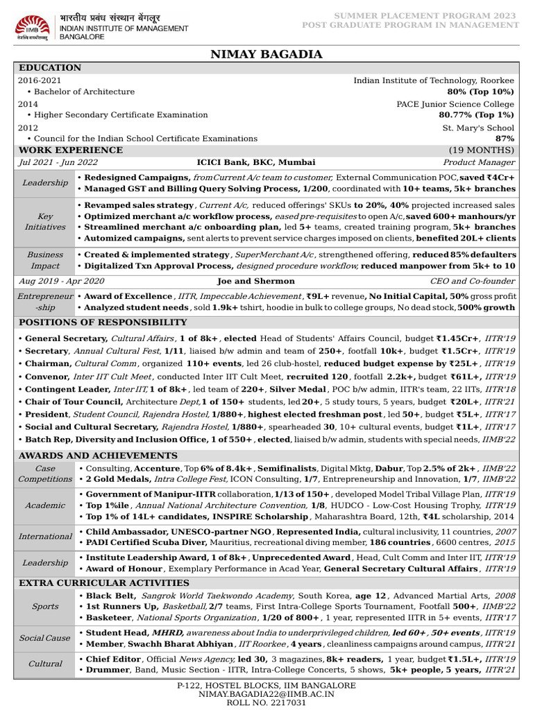 Resume - Nimay Bagadia | PDF | Underwater Diving