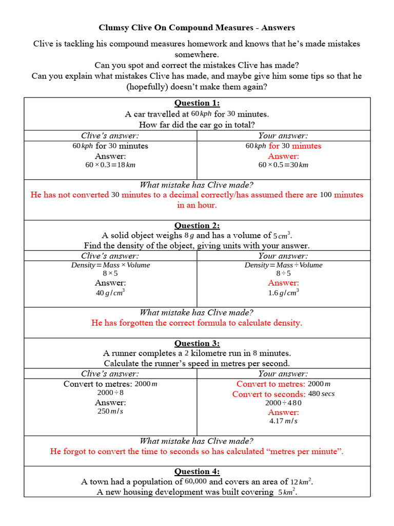 Clumsy Clive On Compound Measures - Answers | PDF