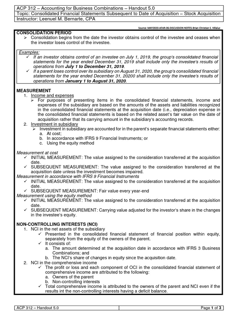 Handout 5.0 ACP 312 Consolidated FS Subsequent To Date of Acquisition Stock Acquisition v2.0 ...