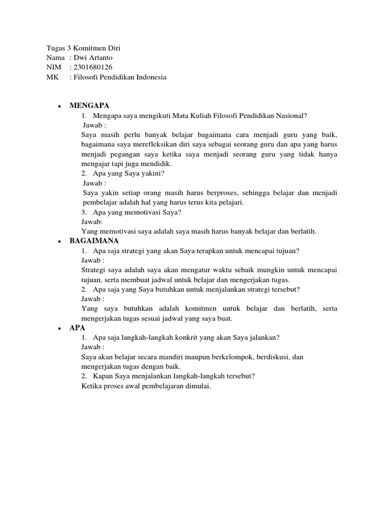 Tugas 3 Filosofi Pendidikan Indonesia - Komitmen Diri - Dwi Artanto - 2301680126 | PDF