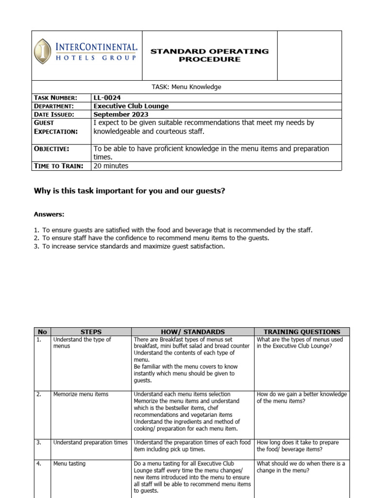 SOP-Menu Knowledge | PDF