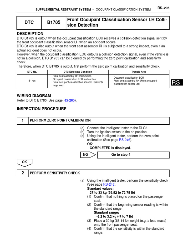 DTC B1785 Front Occupant Classification Sensor LH Colli-Sion Detection ...