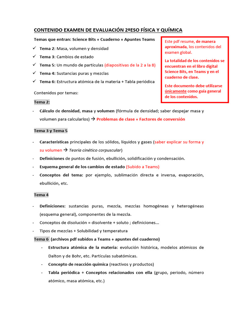 CONTENIDO EXAMEN 2ª EVALUACIÓN 2ºESO FyQ | PDF