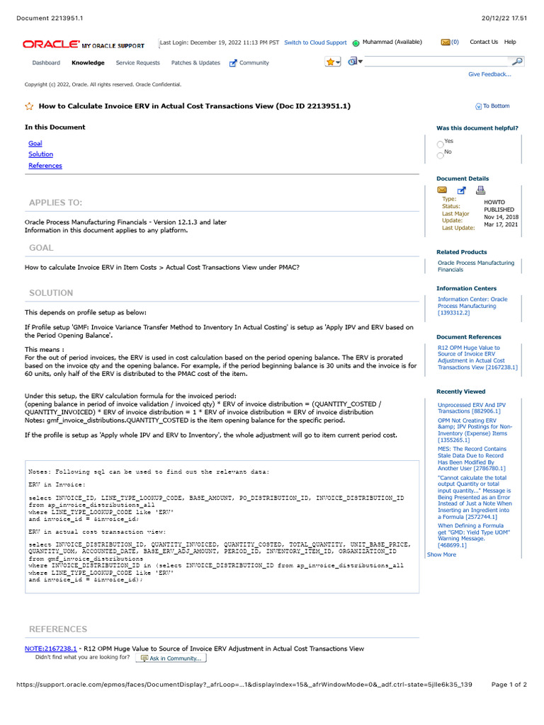 How To Calculate Invoice ERV in Actual Cost Transactions View | PDF | Cost | Inventory