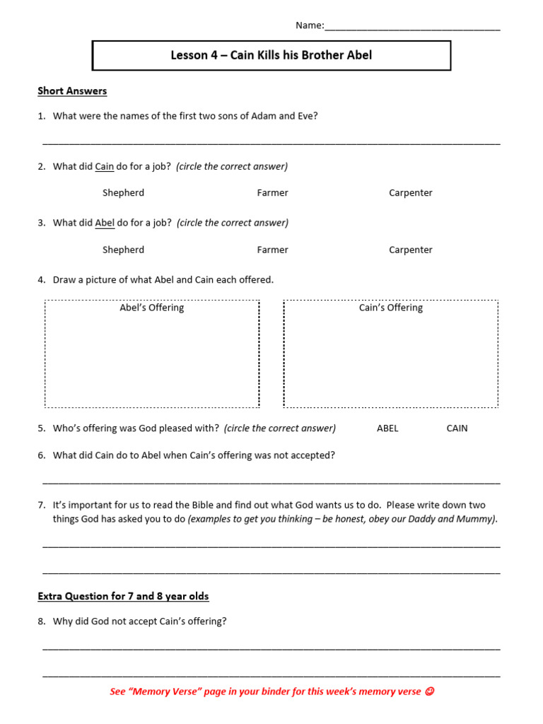 Cain and Abel Worksheet for Kids | PDF