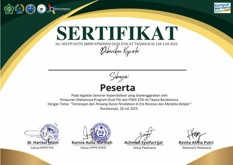 Sertifikat Seminar Pendidikan Pesertaaa | PDF