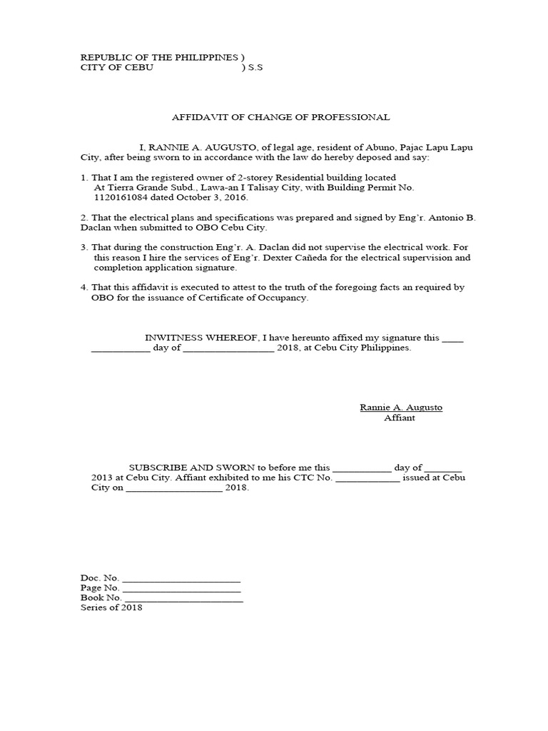 Affidavit for Change of Professional | PDF