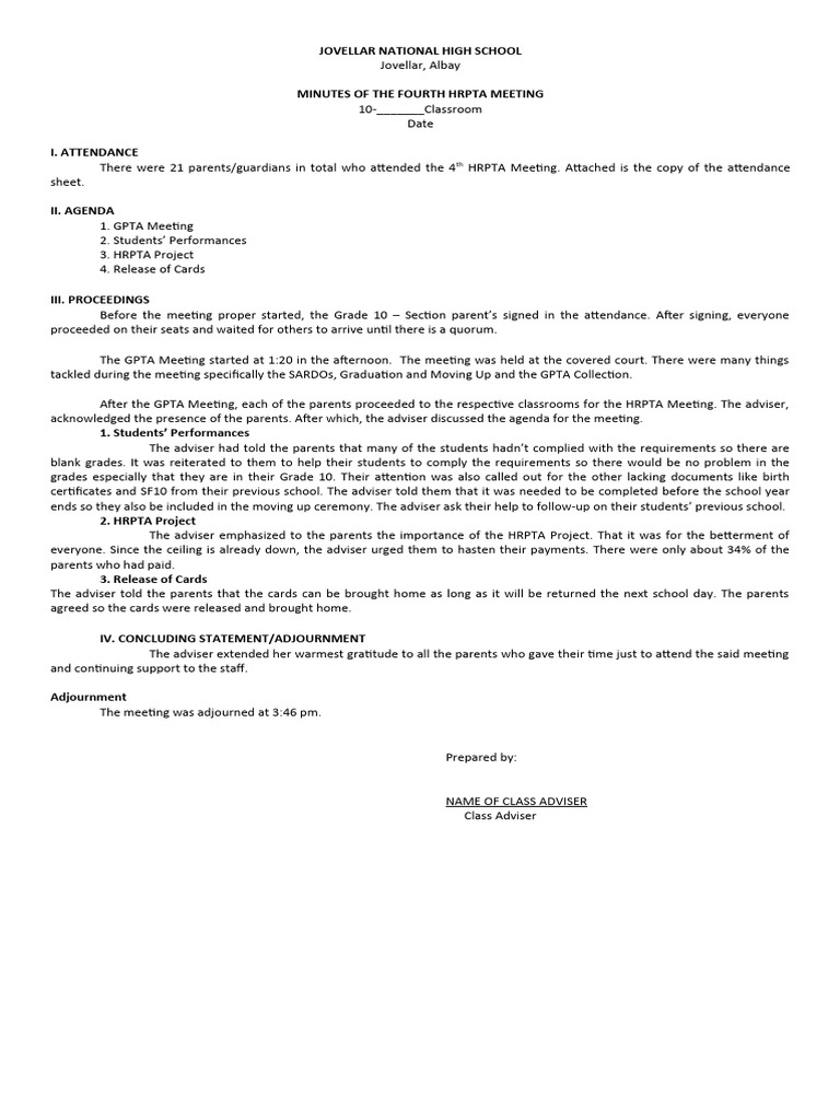 SAMPLE Minutes of The Meeting | PDF | Government