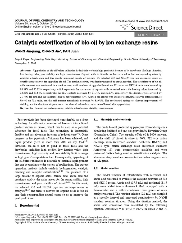 Catalytic Esterification of Bio-Oil by Ion Exchange Resins (WANG Jin-Jiang, CHANG Jie, FAN Juan ...