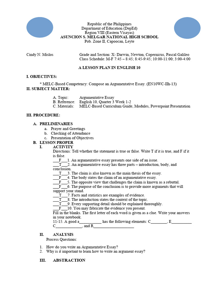 Lesson PLAN Quarter 3 Week 1& 2 | PDF | Essays | Reason