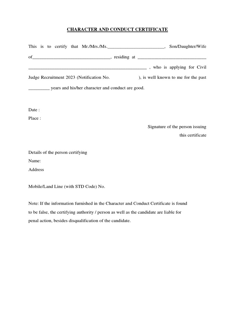 Character and Conduct Certificate | PDF