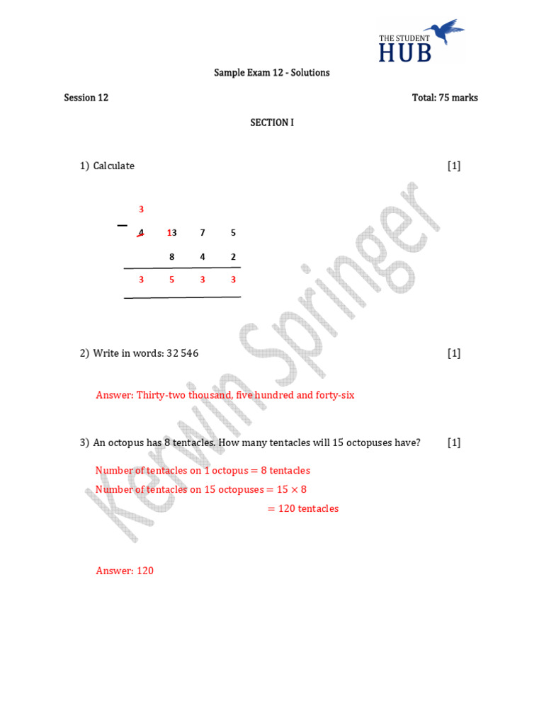 SEA Maths - Sample Exam 12 - Solutions | PDF | Mathematics | Arithmetic