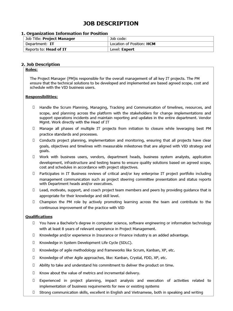 VID - JD Project Manager | PDF