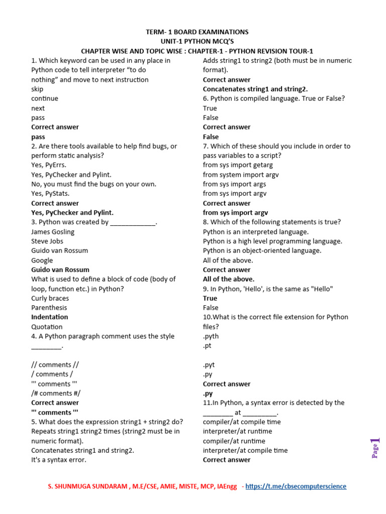 12cs-Term-1 Chapterwise MCQ | PDF | Python (Programming Language) | Data Type
