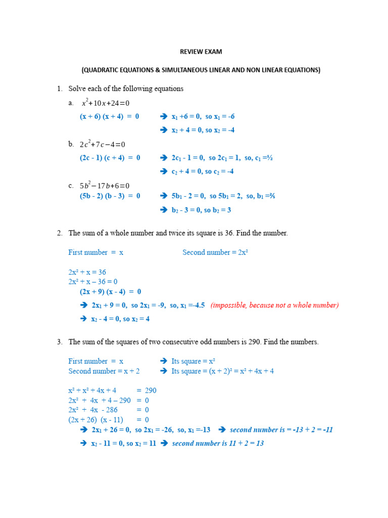 Review Exam Quadratic Simultaneous Linear Non Linear Equations | Download Free PDF | Elementary ...