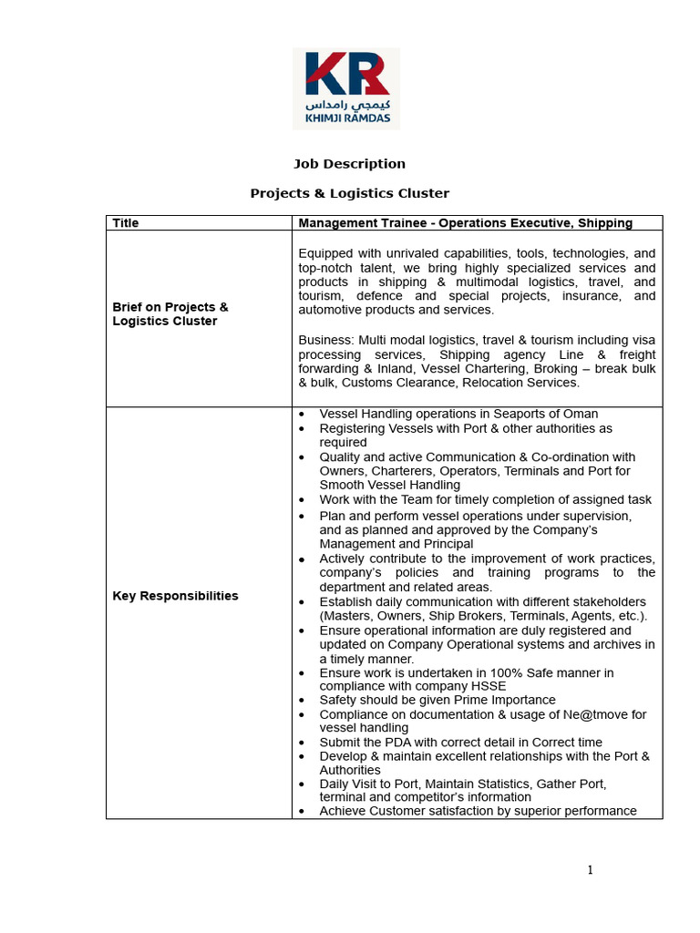 JD - Management Trainee - Operations Executive - Shipping | PDF