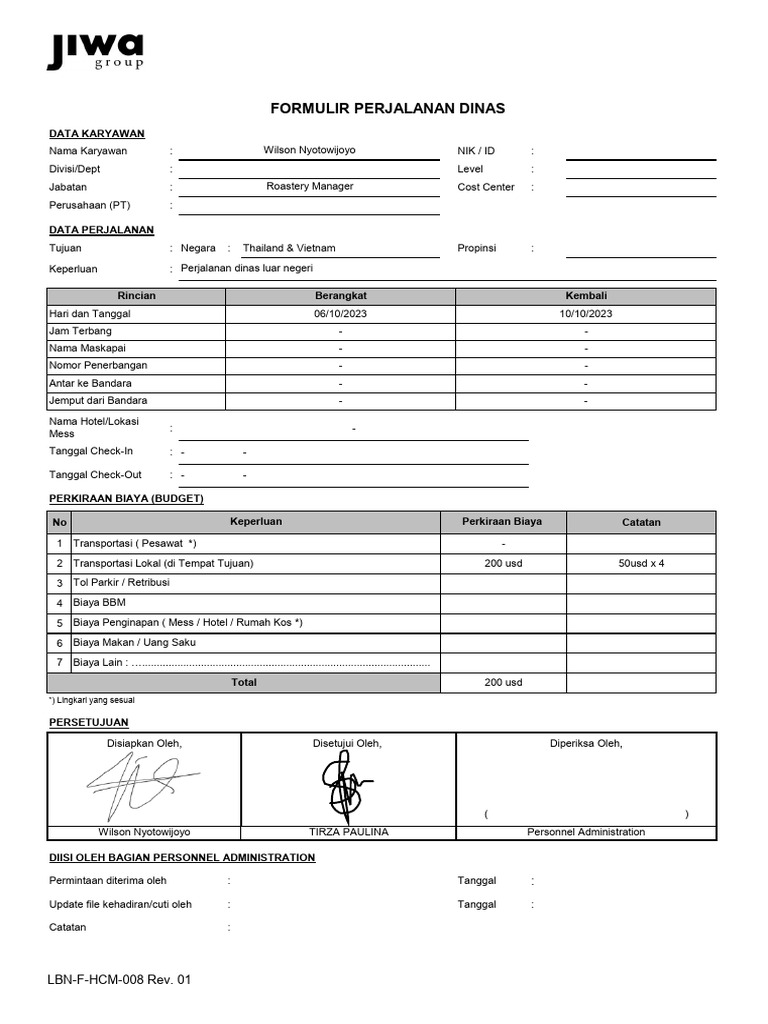 Form Perjalanan Dinas Wilson Nyotowijoyo Pdf