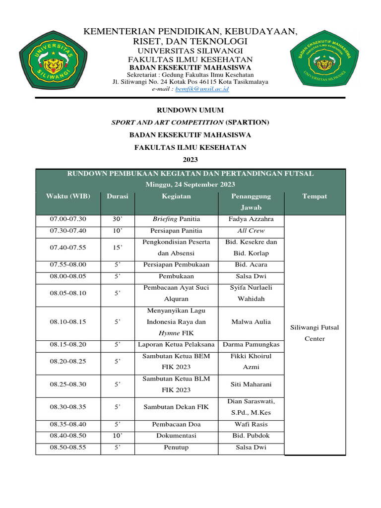 Rundown Umum Pembukaan Spartion Dan Pertandingan Futsal | PDF