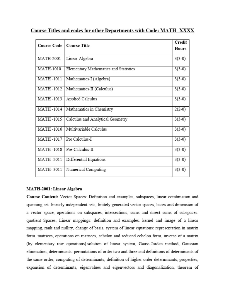 Math Course Titles and Codes Overview | PDF | Determinant | Equations