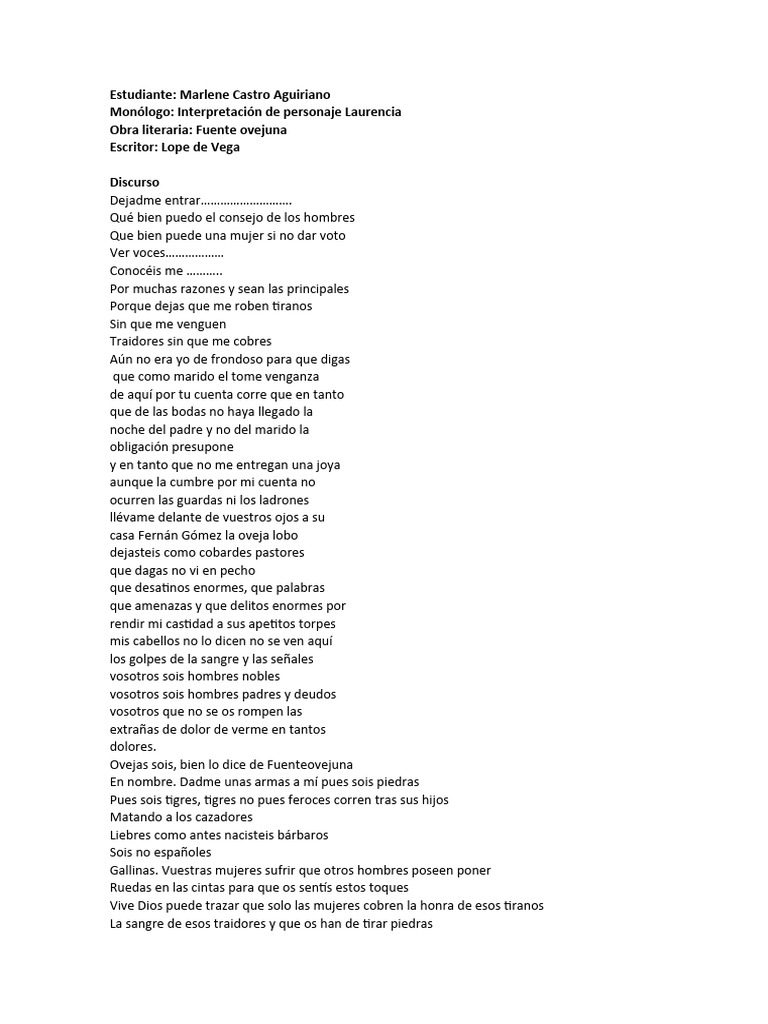 Monologo de Fuenteovejuna, Laurencia | PDF