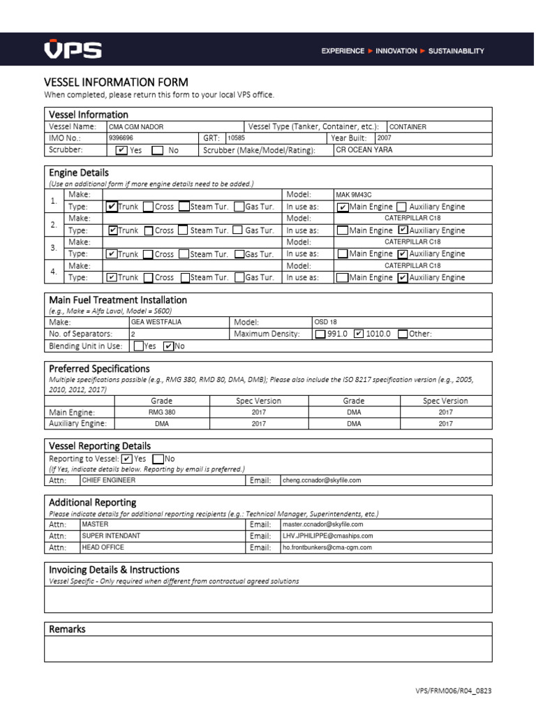 VPS-FRM006-R04 - 0823 - Vessel Information Form | PDF | Chemistry ...