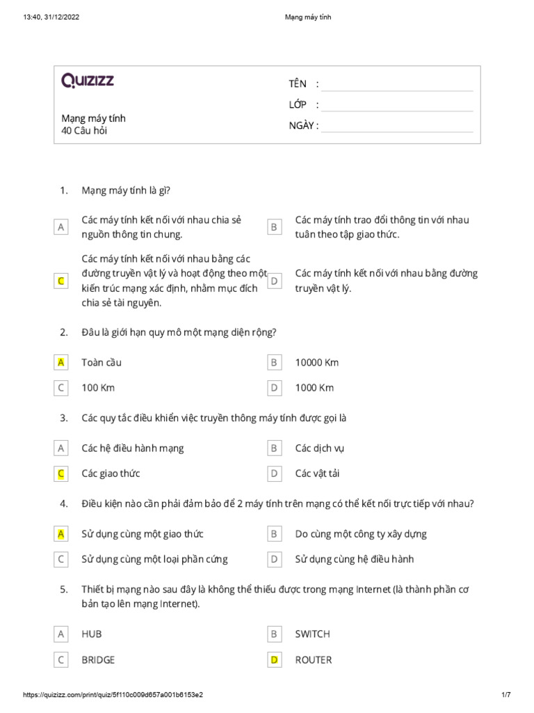 Cau Hoi On Tap MMT | PDF