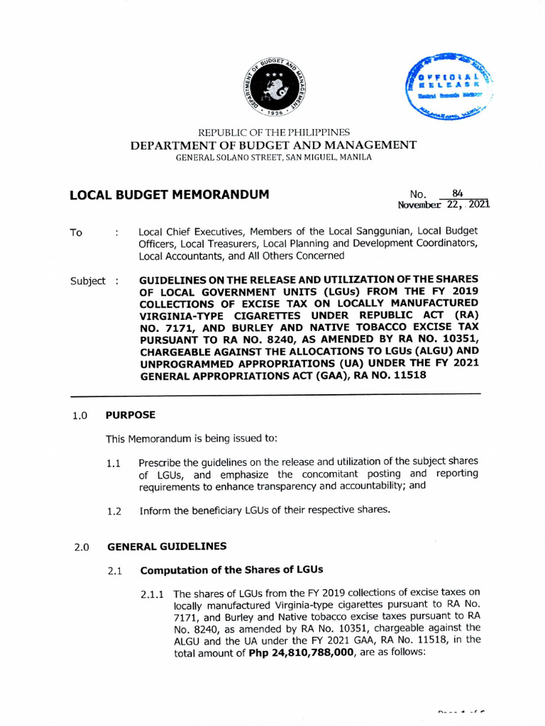Local Budget Memorandum No 84 | PDF