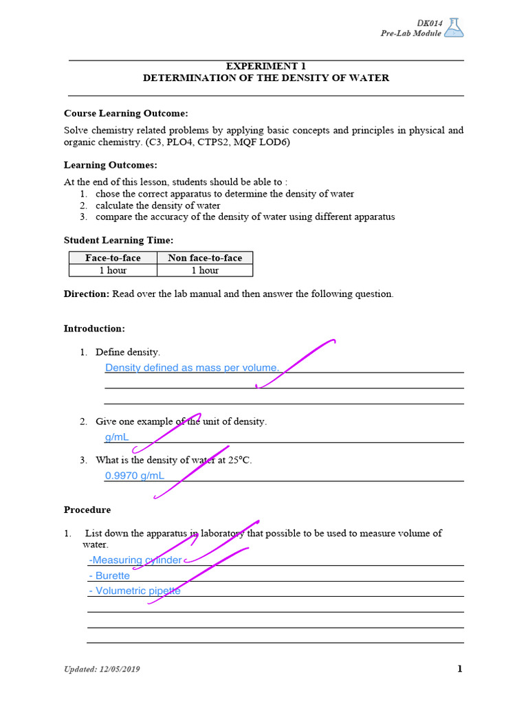 Pre Lab Experiment 1 Determination of The Density of Water Dk014 | PDF ...