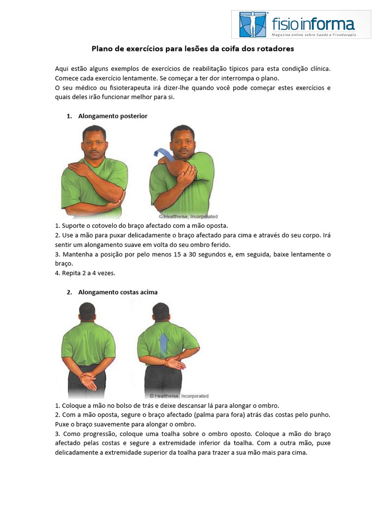 plano de exercícios lesões da coifa dos rotadores | PDF | Cotovelo | Dor