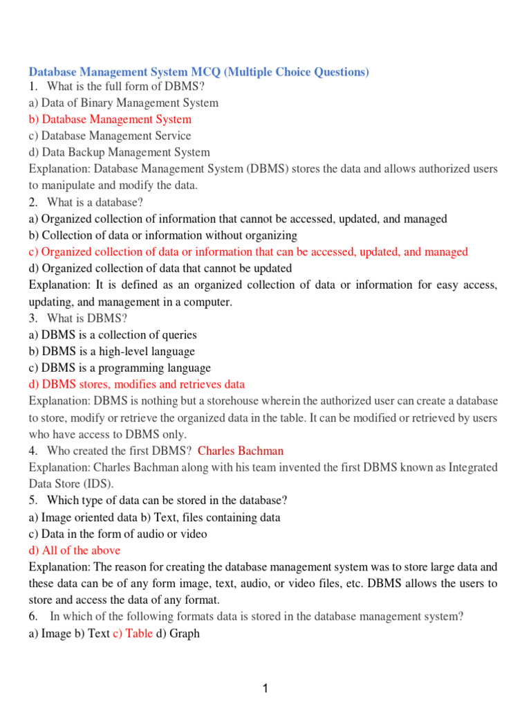 Database Management System MCQ (1) - Pagenumber | PDF