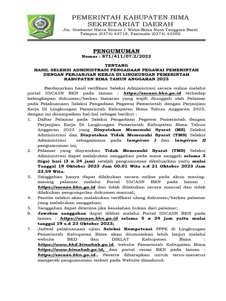 Pengumuman Hasil Seleksi Administrasi Pengadaan Pegawai Pemerintah Dengan Perjanjian Kerja Di ...