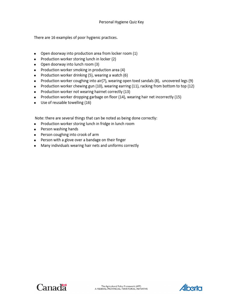 Personal Hygiene Practices Quiz Key | PDF