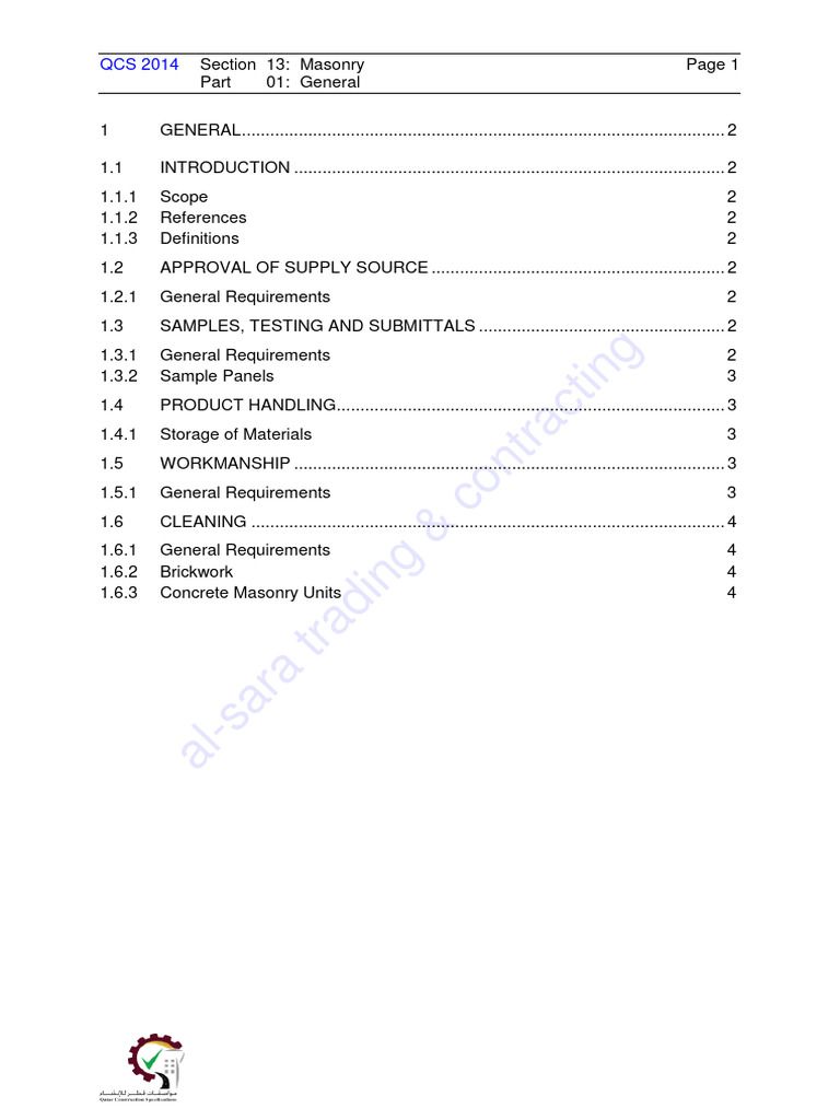 QCS 2014 - Section 13 Masonry | PDF | Concrete | Mortar (Masonry)
