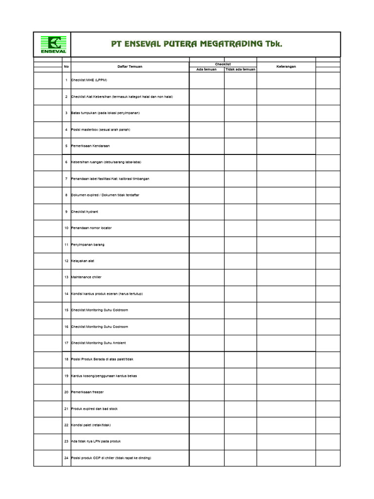 Checklist Audit Genba MHE dan Kebersihan | PDF | Sains & Matematika