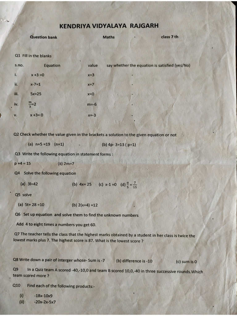 Question Bank Class 7 Maths | PDF