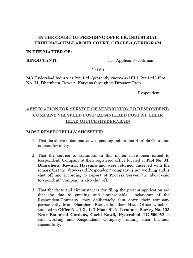 Service Application to Hyderabad Court | PDF | Judiciaries | Public Law